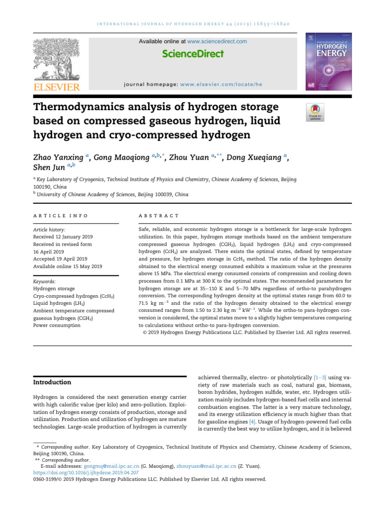 Thermodynamics Analysis of Hydrogen Storage Based On Compressed Gaseous Hydrogen, Liquid ...