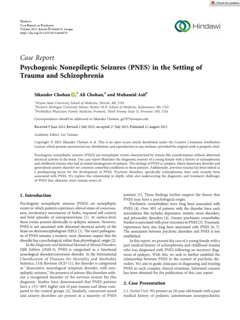 Case Reports in Psychiatry - 2023 - Chohan - Psychogenic Nonepileptic ...