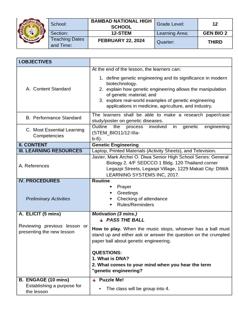 1. LESSON PLAN IN GENETIC ENGINEERING-ASLIAH | PDF | Molecular Cloning ...