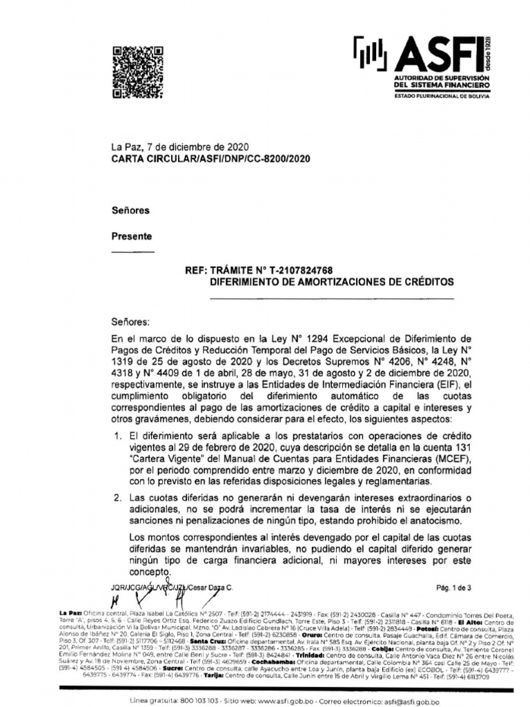 ASFI 20201207 CC DNP CC 8200 Diferimiento de Amortizaciones de Crédito | PDF | Servicios ...