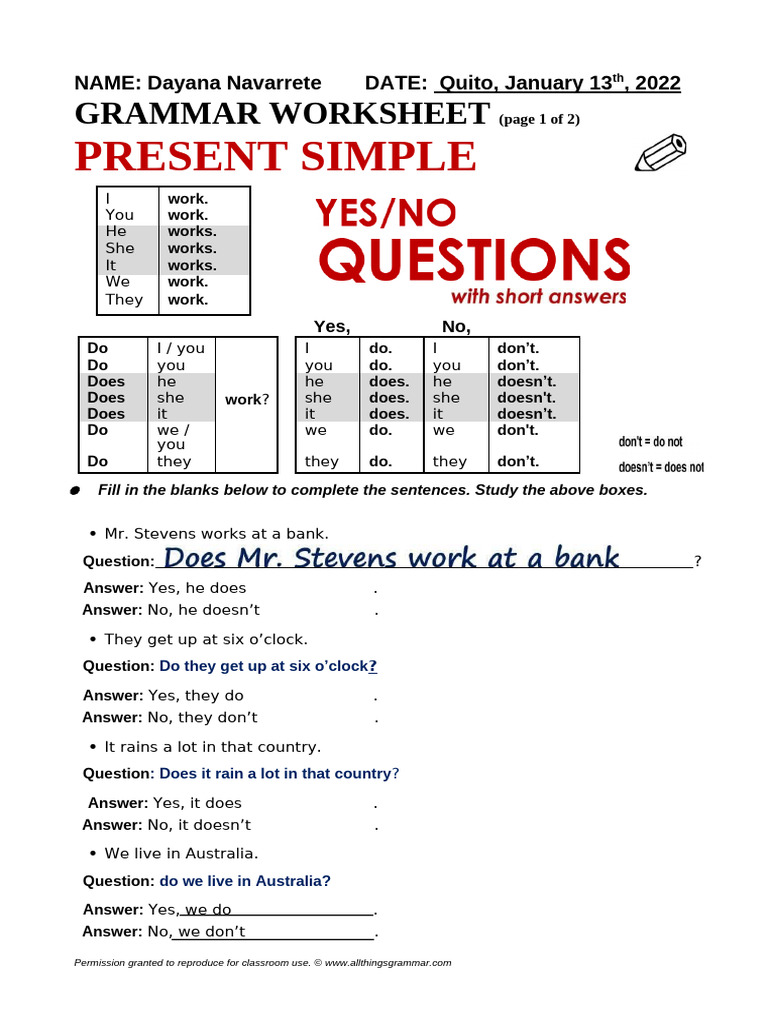 Present Simple Grammar Worksheet | PDF | Linguistics | Grammar