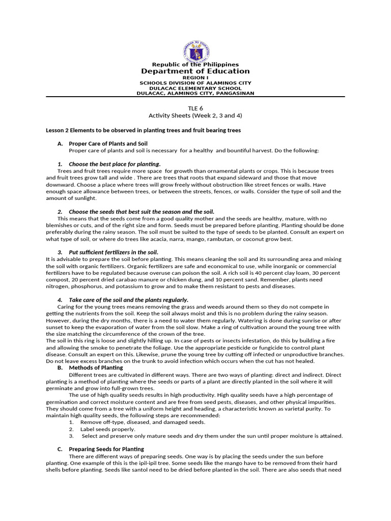 Activity Sheets - TLE 6 WEek 2,3, & 4 | PDF | Seed | Trees