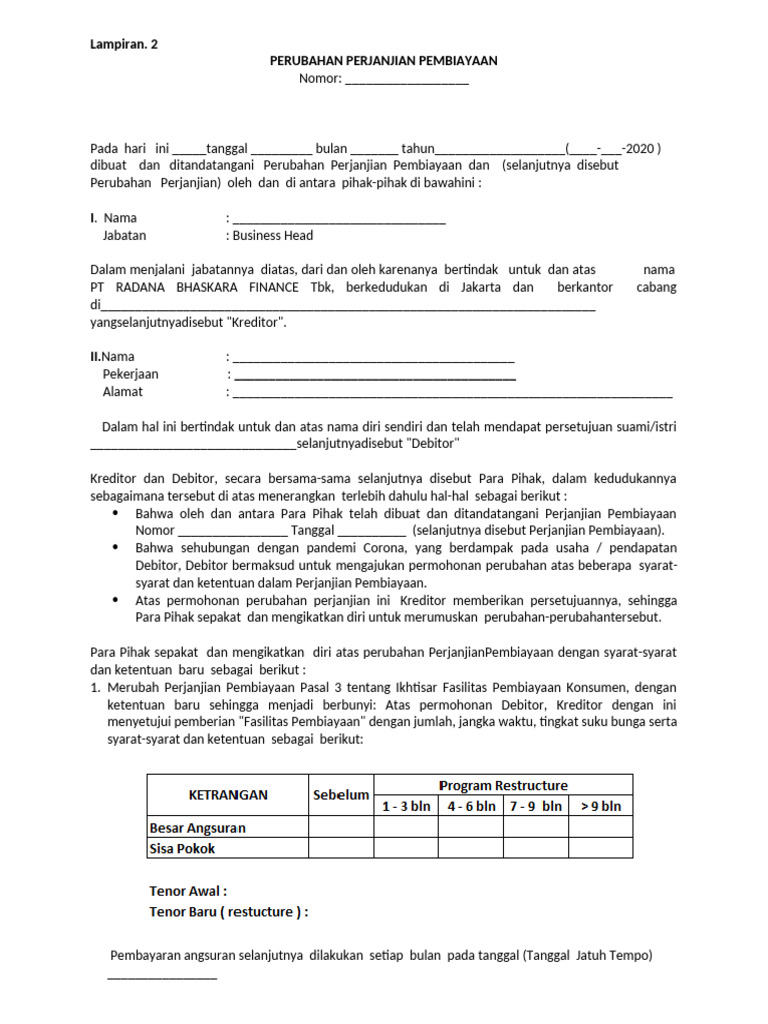 Form Adendum Restrukturisasi Covid 19 | PDF