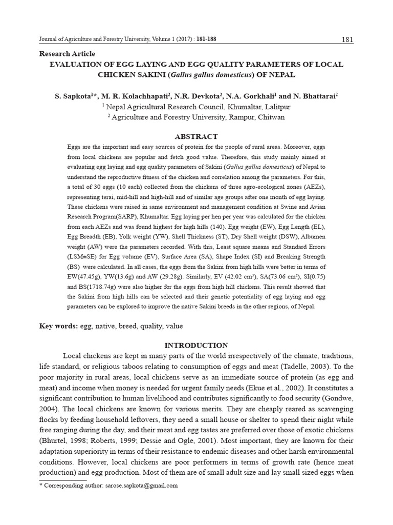 Evaluation Of Egg Laying And Egg Quality Parameters Of Local Chicken Sakini S Sapkota Pdf