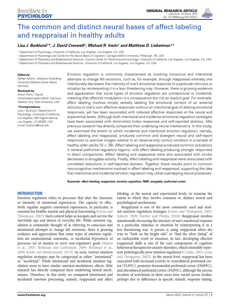 Neural Mechanisms of Affect Labeling vs. Reappraisal | PDF | Emotional ...