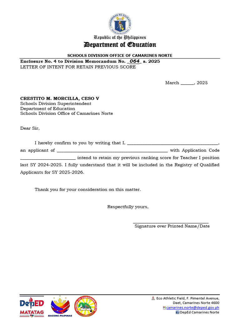 Letter of Intent for Teacher Ranking | PDF