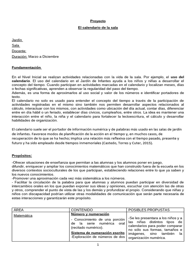 Proyecto de Calendario en Jardín | PDF | Educación de la primera ...
