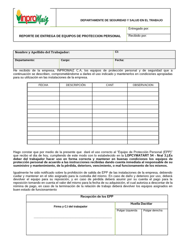 Formato de Entrega de Epp | PDF