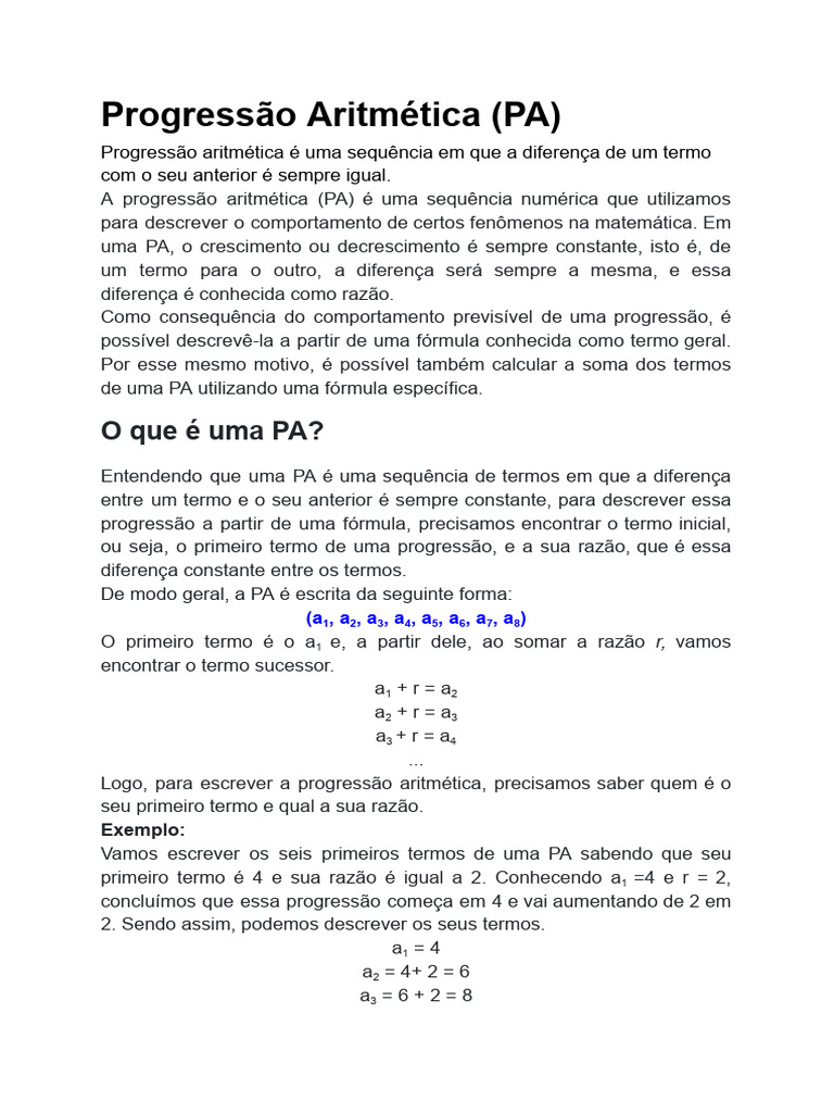 Entenda a Progressão Aritmética (PA) | PDF | Matemática | Analise ...
