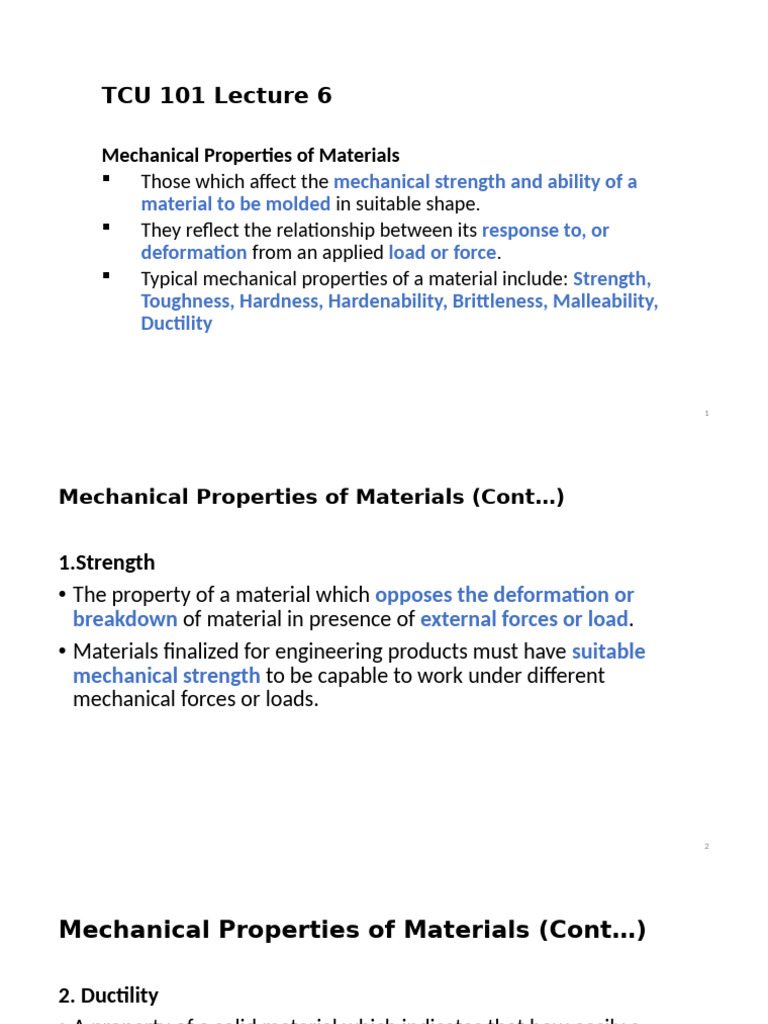 TCU 101 Lecture 6 Mechanical Properties | PDF | Ductility | Hardness
