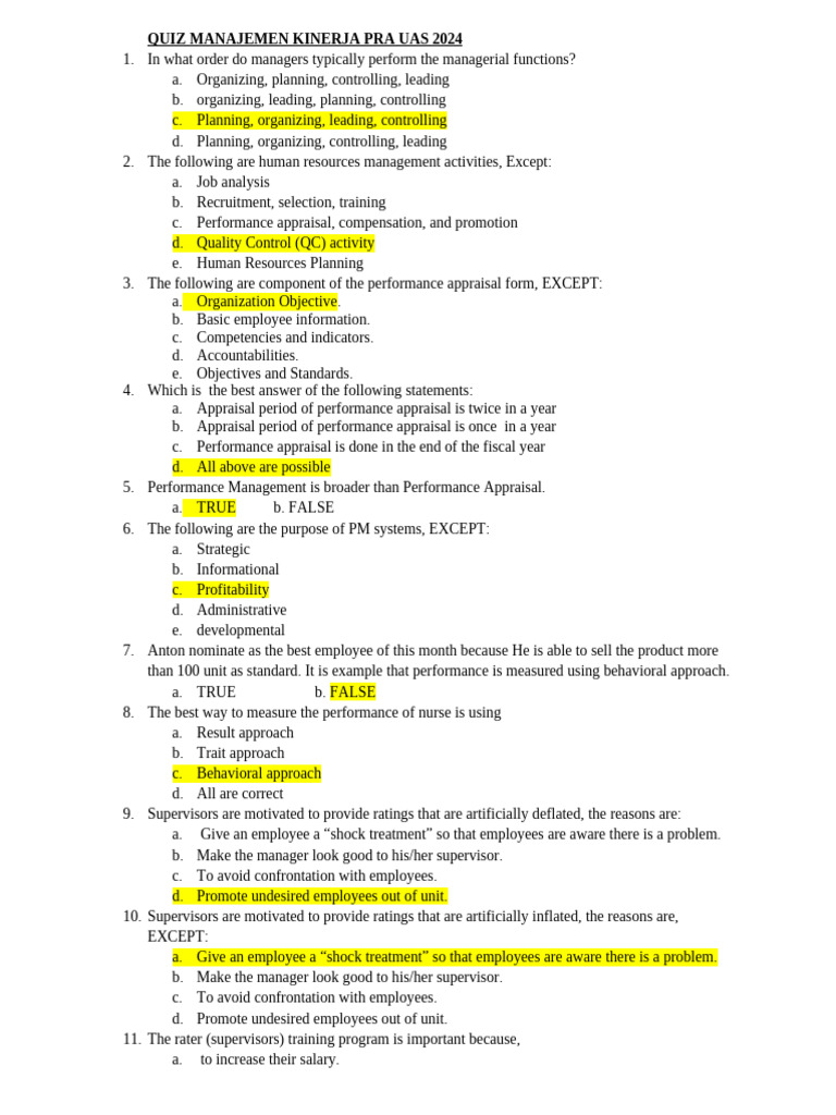Quiz Pra Uas 2024 2025 | PDF | Performance Appraisal | Human Resources
