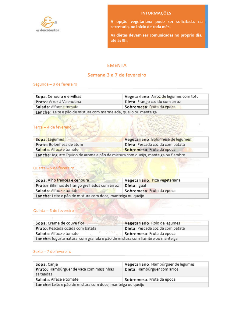 Ementa Fevereiro 2025 | PDF | Vegetarianismo | Creme (gastronomia)