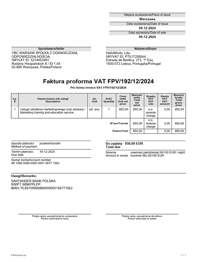 Faktura-Proforma-Vat-Fpv-192-12-2024 HelloMinds, Lda. | PDF