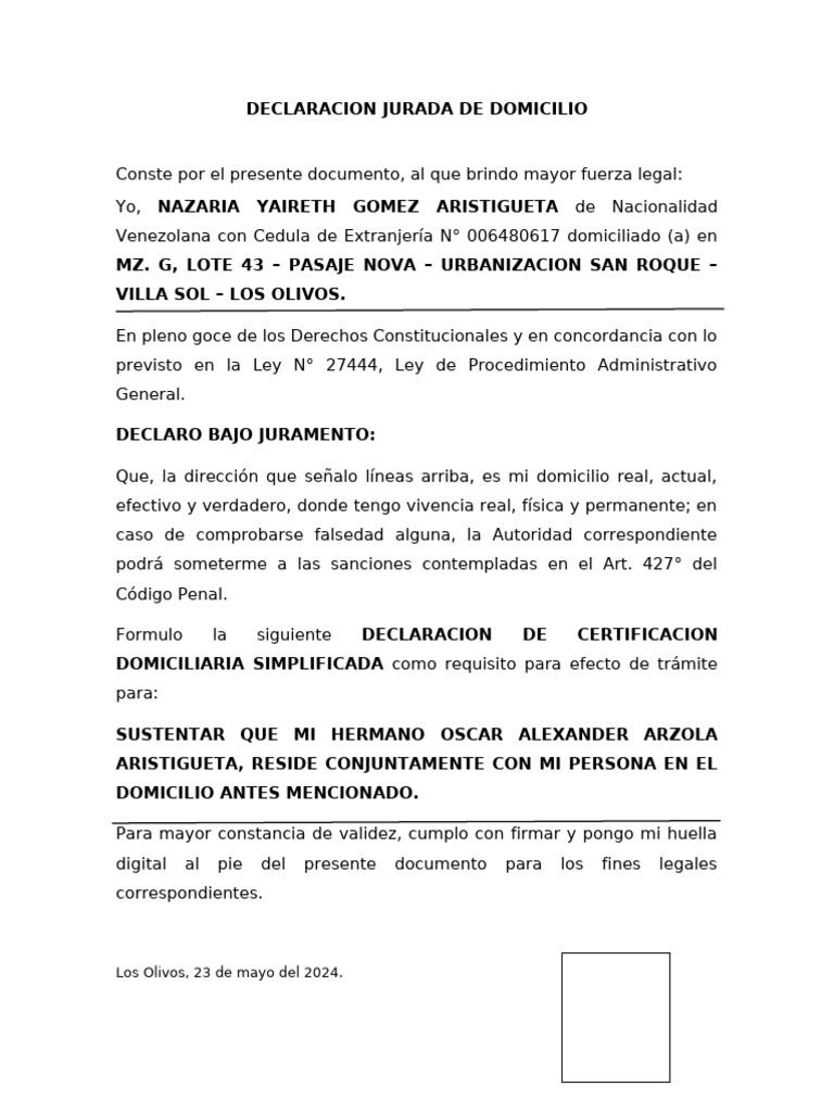 Declaracion Jurada de Domicilio | PDF