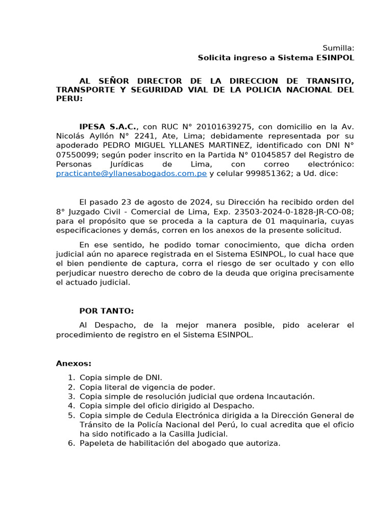 SOLICITUD IPESA SAC - GRUPO HUARI - HUANCA - TRANSITO PNP EXP 23503-2024 | PDF