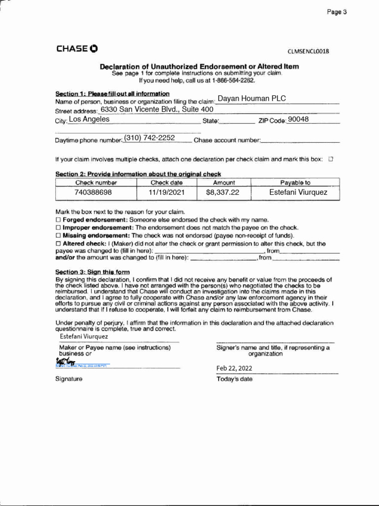 Chase Declaration (Estefani Viurquez) - Signed | PDF | Computing ...