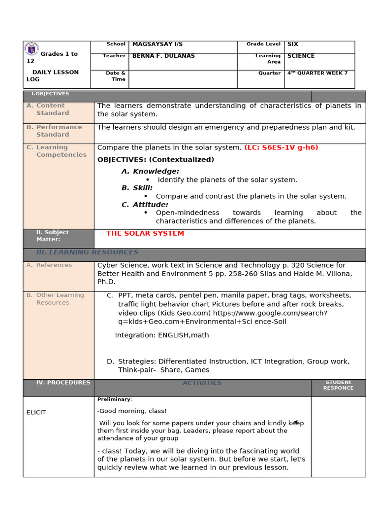 Cot q4 SCIENCE 6 WEEK 7 SOLAR SYSTEM | PDF | Planets | Atmosphere