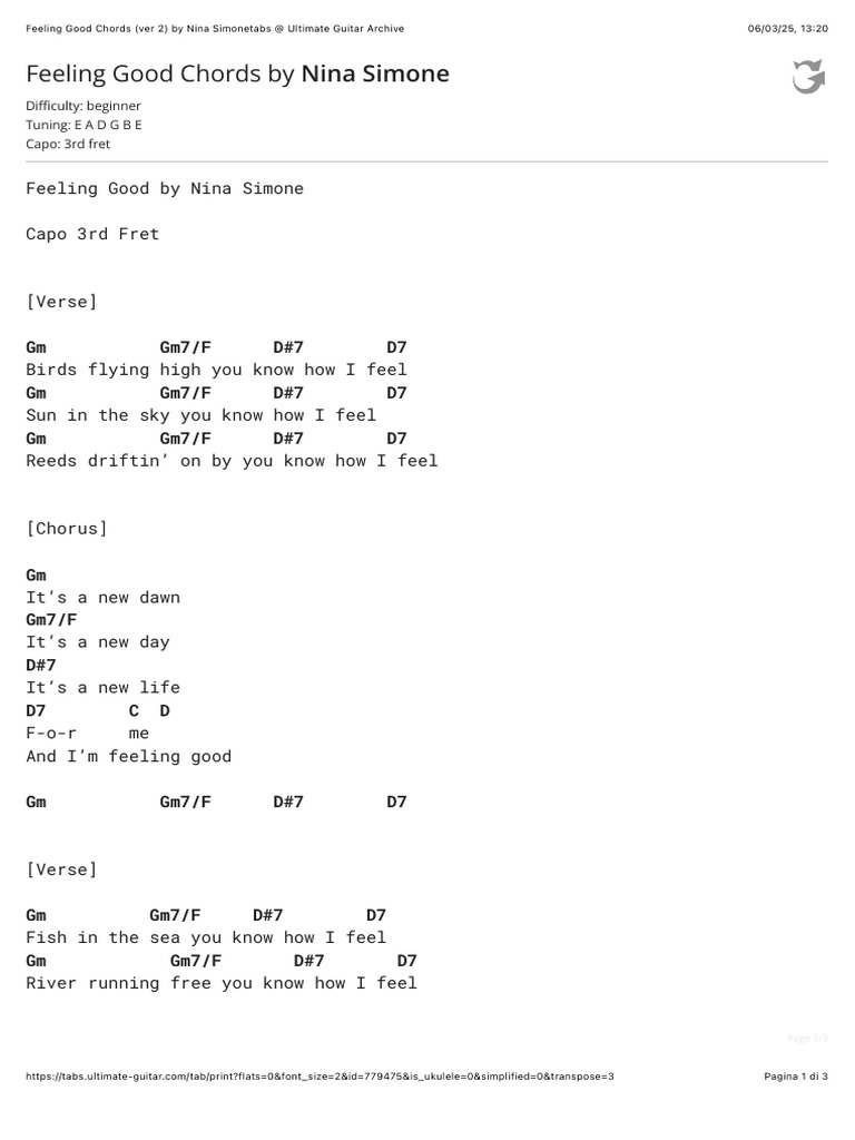 Feeling Good Chords by Nina Simone | PDF | Elements Of Music | String ...