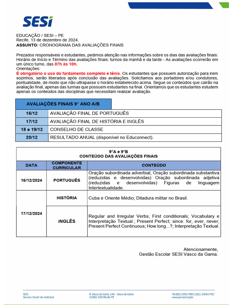 Conteúdo Prova Final 9° Ano | PDF