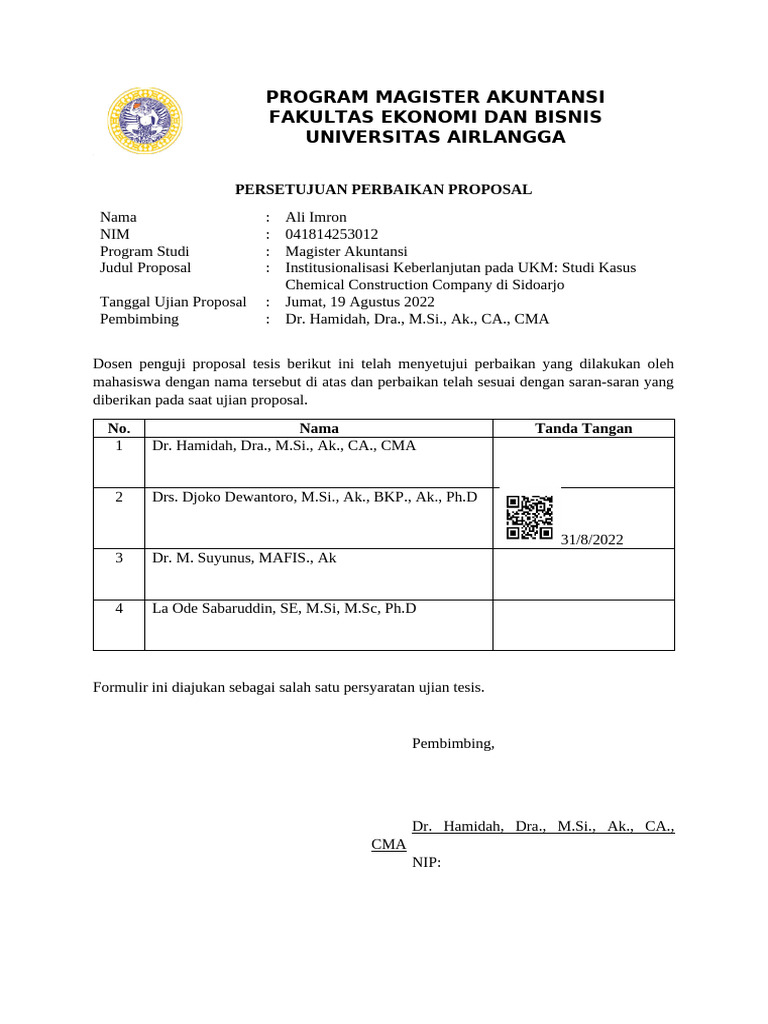 Formulir persetujuan perbaikan proposal | PDF