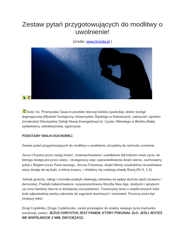 Zestaw Pytań Przygotowujących Do Modlitwy o Uwolnienie | PDF