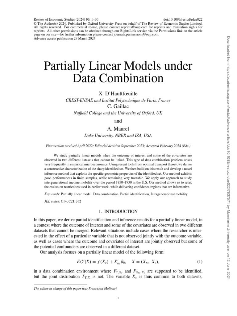 2024 - Haultfouille Et Al - Partially Linear Models Under Data Combination | PDF | Statistical ...