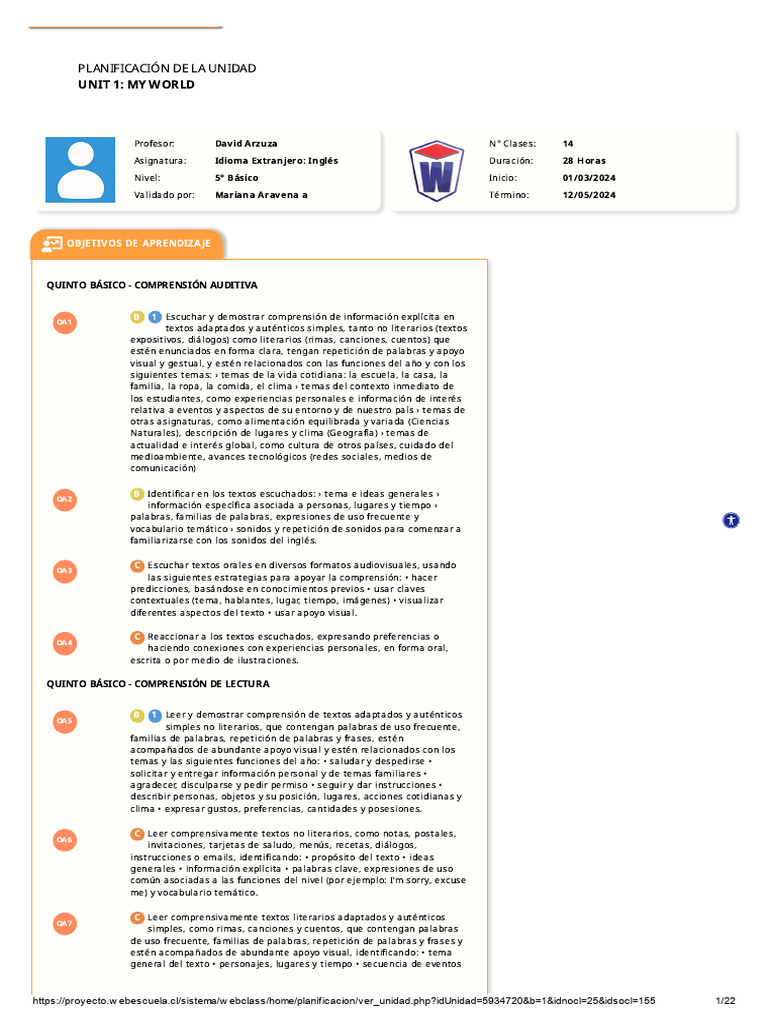 5° Básico UNIT 1 MY WORLD | PDF | Maestros | Información