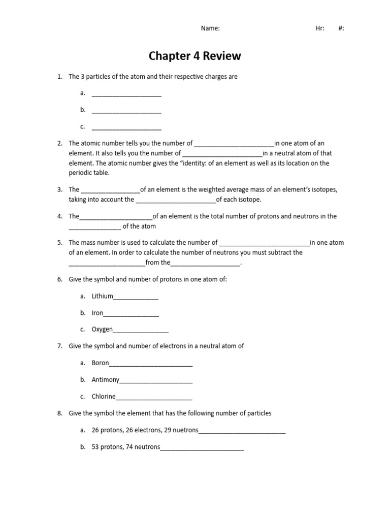 Ch. 4 Review | PDF | Atoms | Chemical Elements