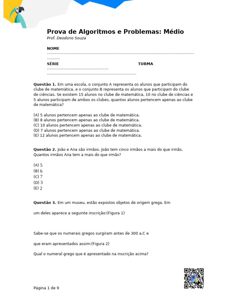 Prova de Algoritmos e Problemas_ Médio | PDF | Números | Algoritmos