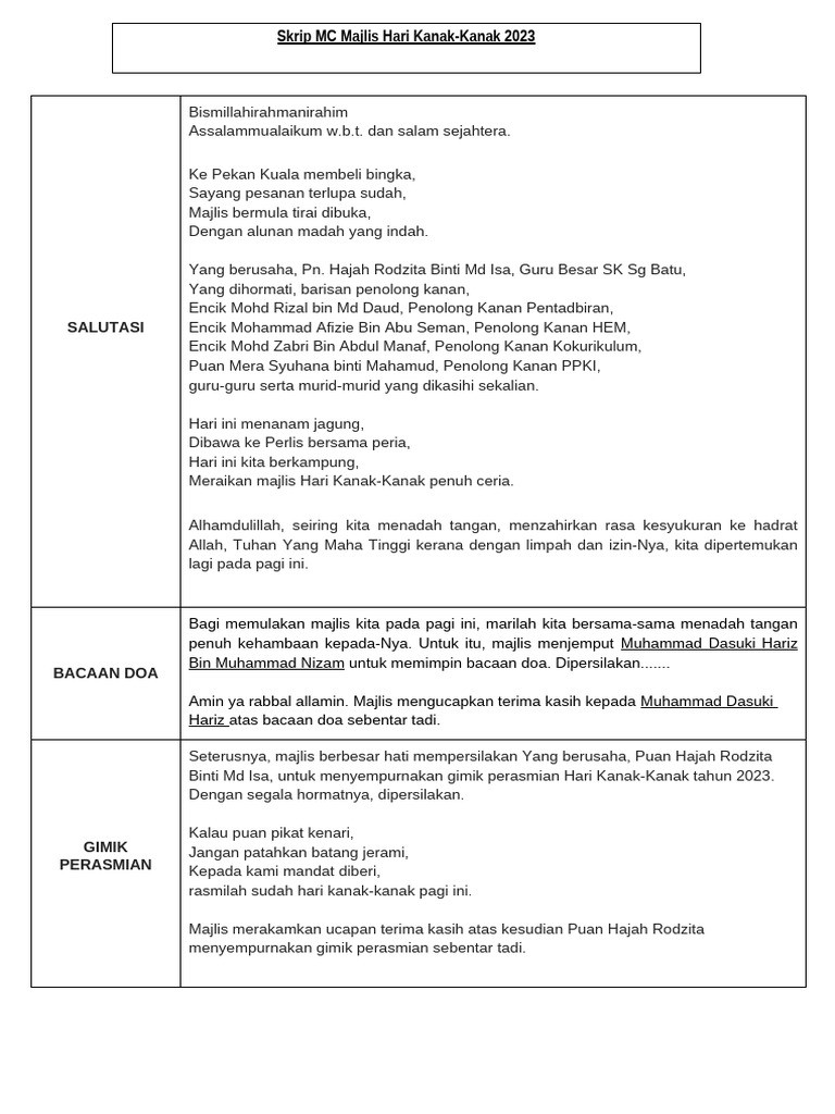 Skrip MC Hari Kanak-Kanak | PDF