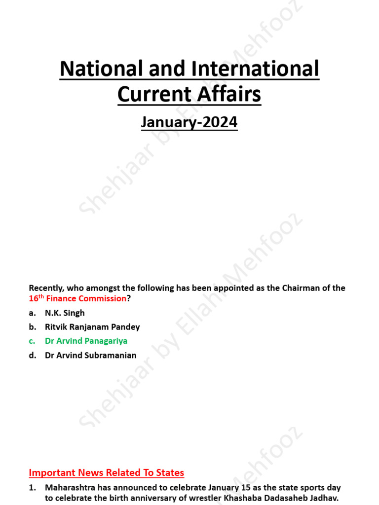 January 2024 Current Affairs Summary | PDF