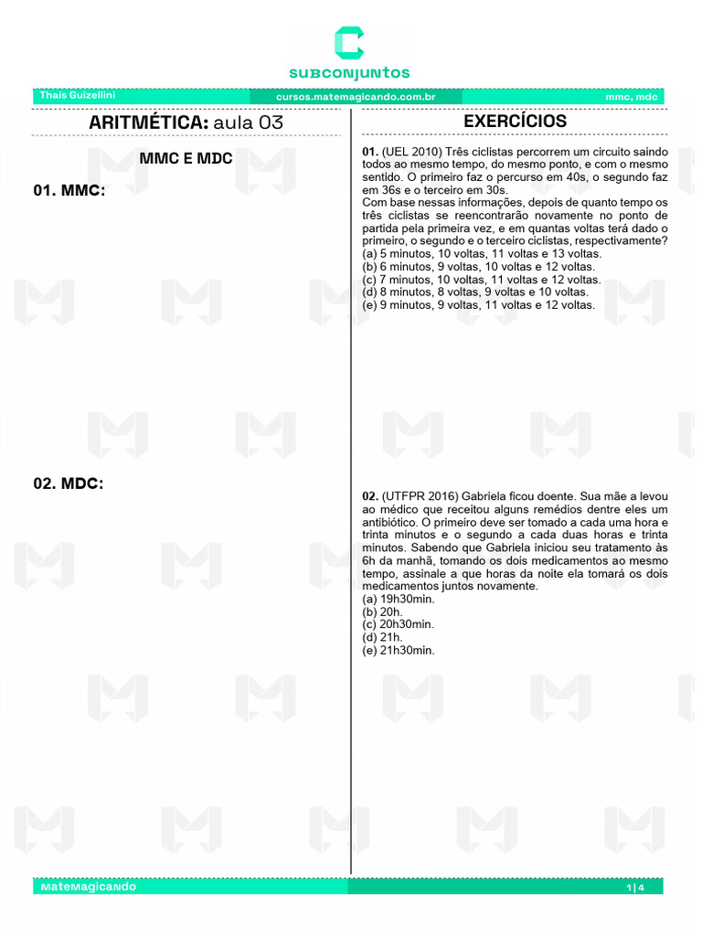 SUBCONJUNTOS, ARITMÉTICA - Aula 03 - MMC, MDC | PDF