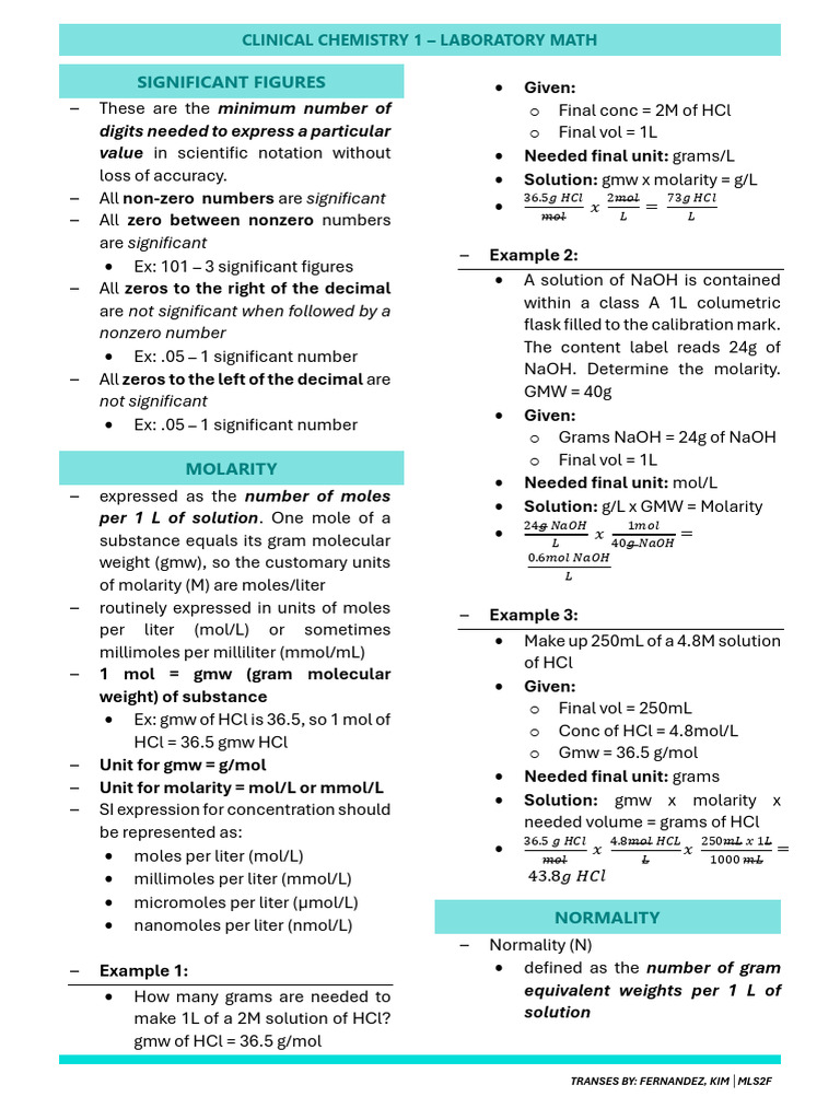 Clinchem 1 - Laboratory Math - 085401 | PDF | Mole (Unit) | Ph