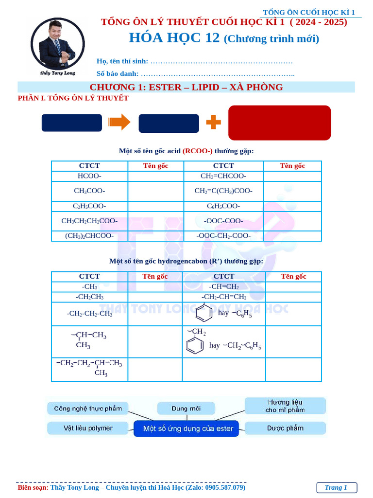 HOÁ 12 TỔNG ÔN CUỐI HK1 ĐỀ | PDF