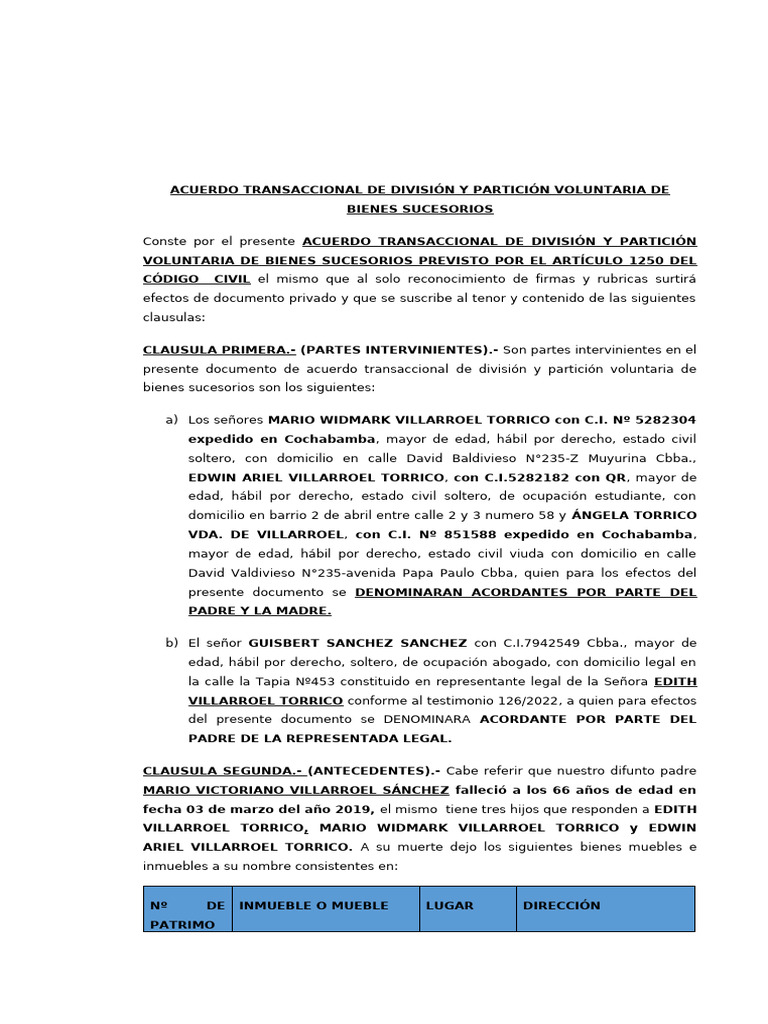 ACUERDO TRANSACCIONAL DE DIVISIÓN Y PARTICIÓN VOLUNTARIA DE BIENES ...