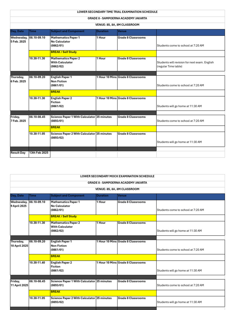 Grade 8 Exam Schedule 2025 | PDF | Qualifications | Educational Stages