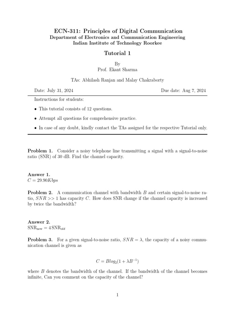 Tutorial1 Ans | PDF | Probability Density Function | Signal To Noise Ratio