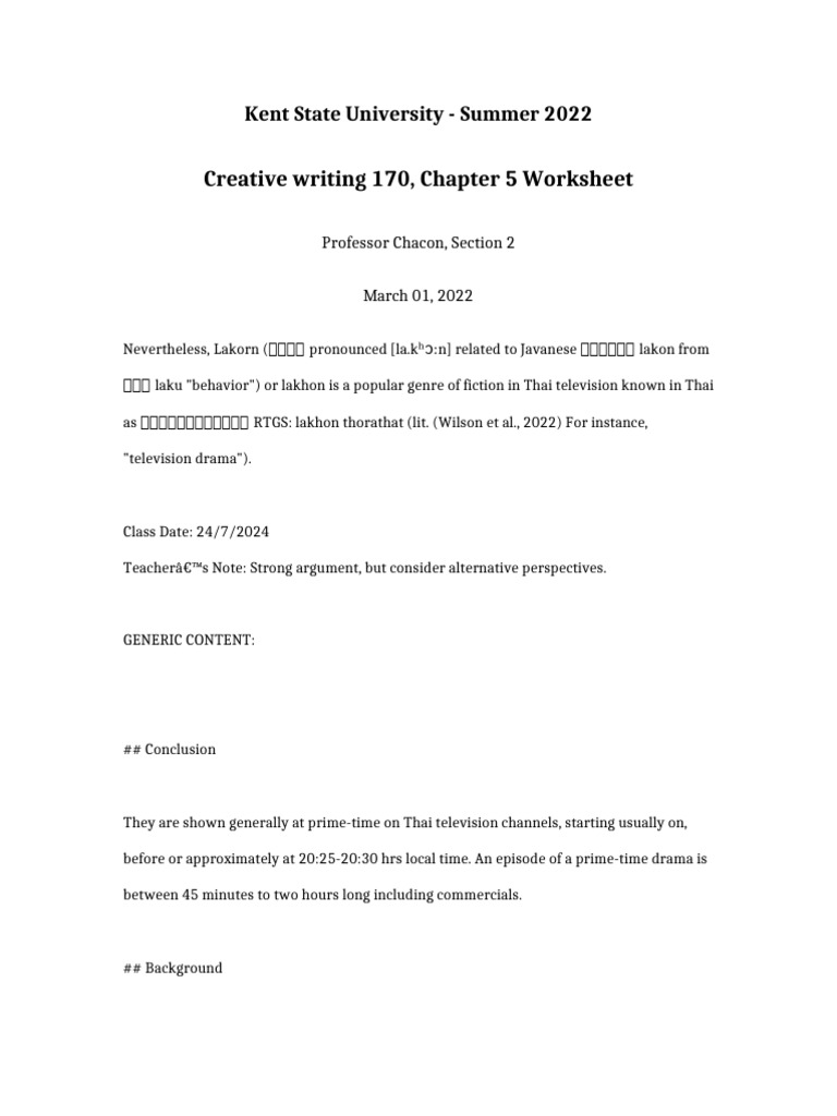 Creative Writing 170 Chapter 5 Worksheet | PDF | Mass Media | Television