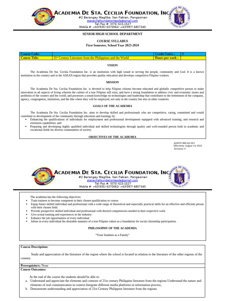 21st Century Literature Course Syllabus | PDF | Intelligence | Creativity