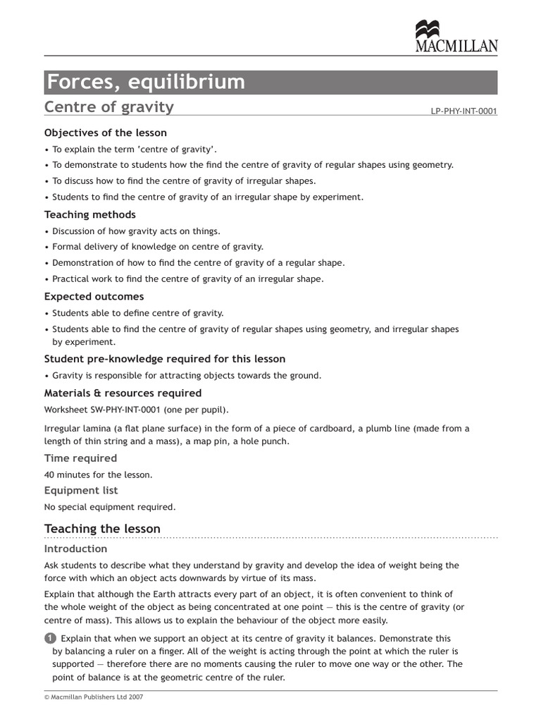 Centre of Gravity Lesson Plan | PDF | Center Of Mass | Force