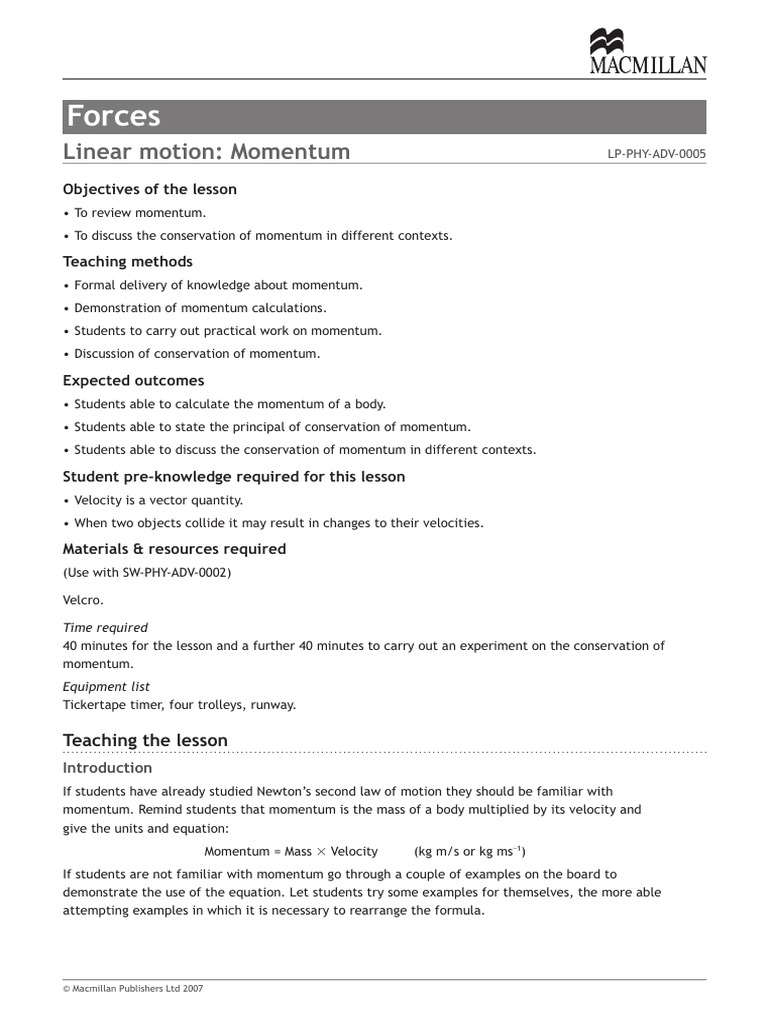 Linear Momentum Lesson Plan | PDF | Momentum | Velocity
