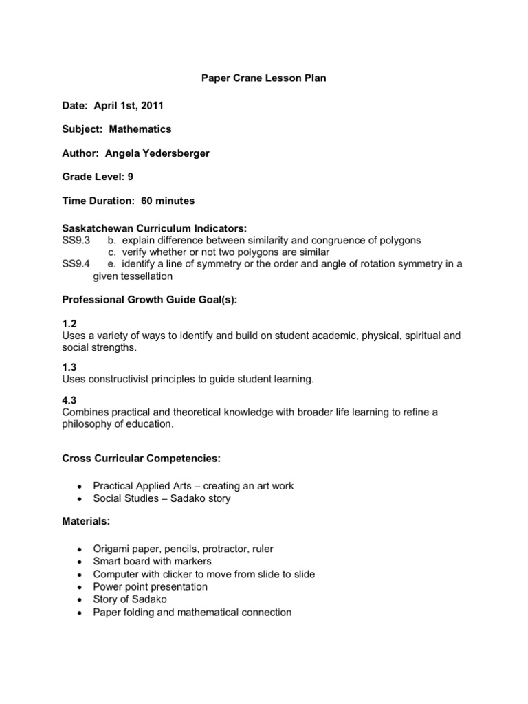 Paper Crane Lesson Plan | PDF | Perpendicular | Origami