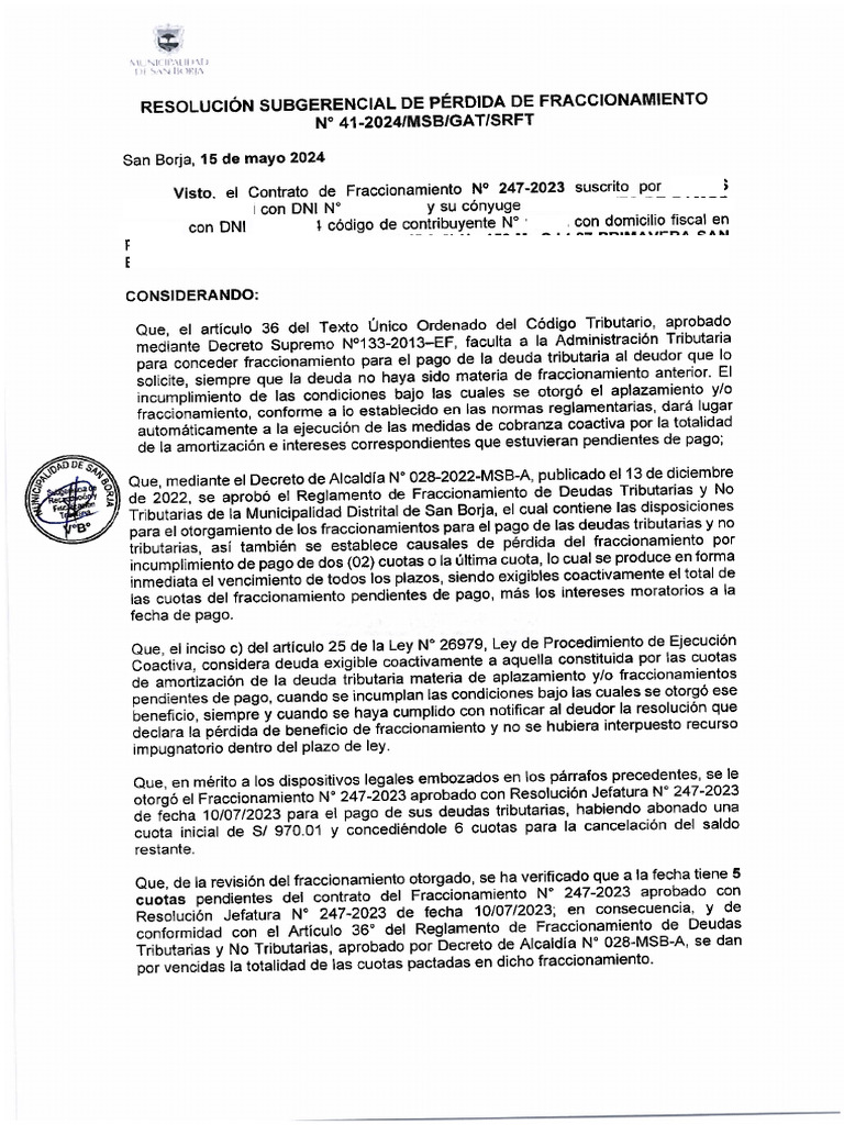 Resolucion Subgerencial de Perdida de Fraccionamiento N 41 2024 MSB Gat SRFT | PDF
