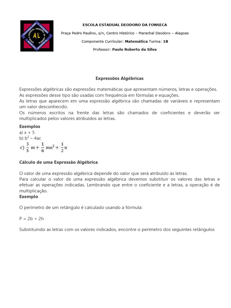 Expressões Algébricas - Aluno | PDF | Matemática elementar | Álgebra ...