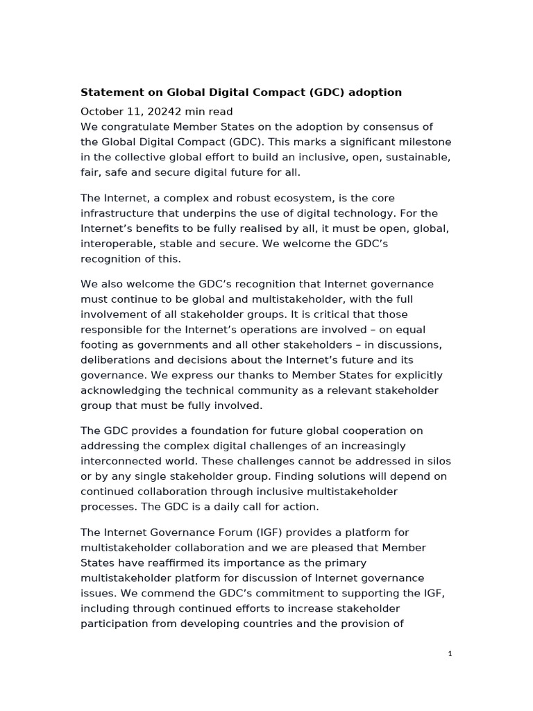 Statement On Global Digital Compact and Statement On | PDF | Internet Governance | Governance