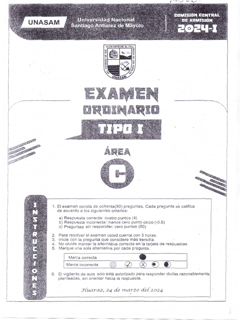 Examen Ordinario UNASAM 2024-I (Área C) | PDF