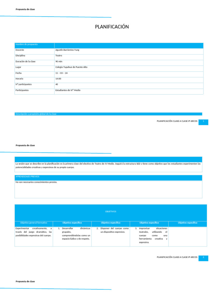 Formato Planificación Docencia Teatral | PDF | Aprendizaje