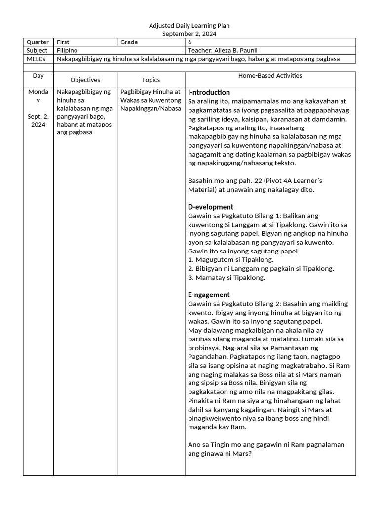 Adjusted Daily Learning Plan Filipiino 6 Sept 2 and Sept 3 | PDF