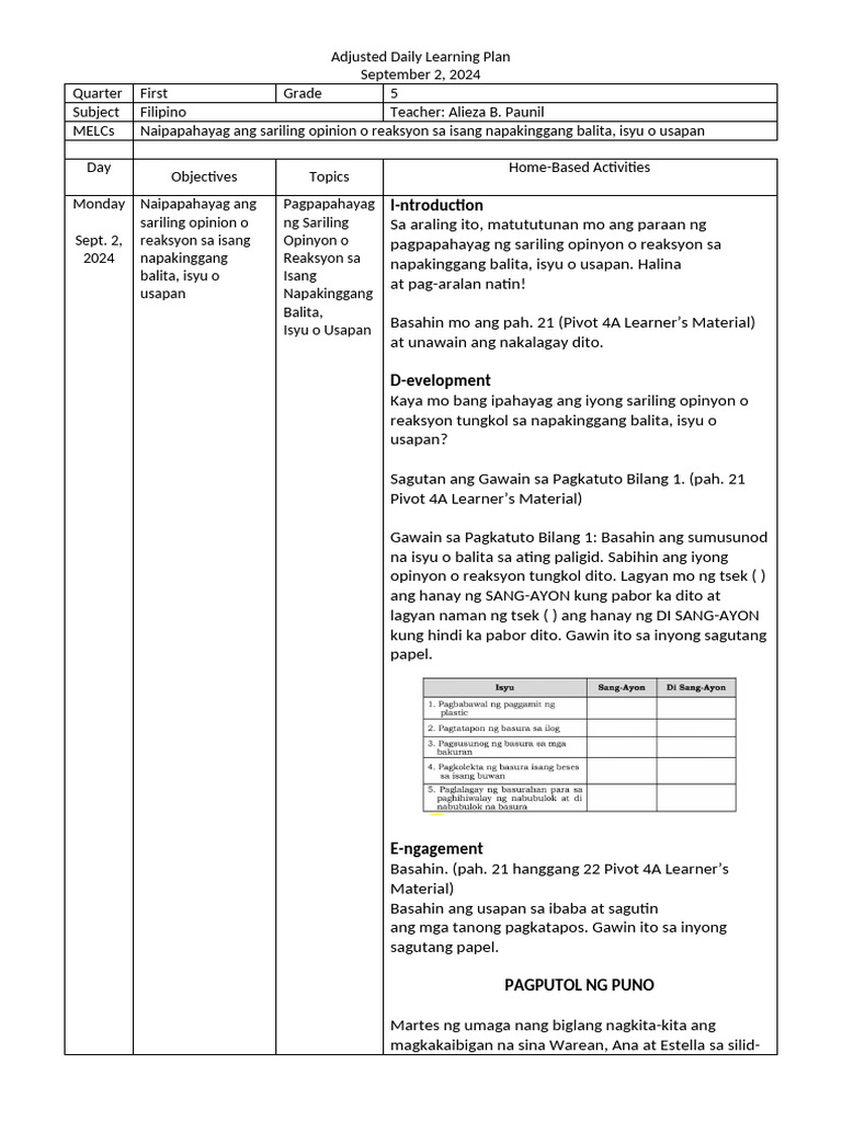 Adjusted Daily Learning Plan Filipino 5 Sept 2 and Sept 3 | PDF