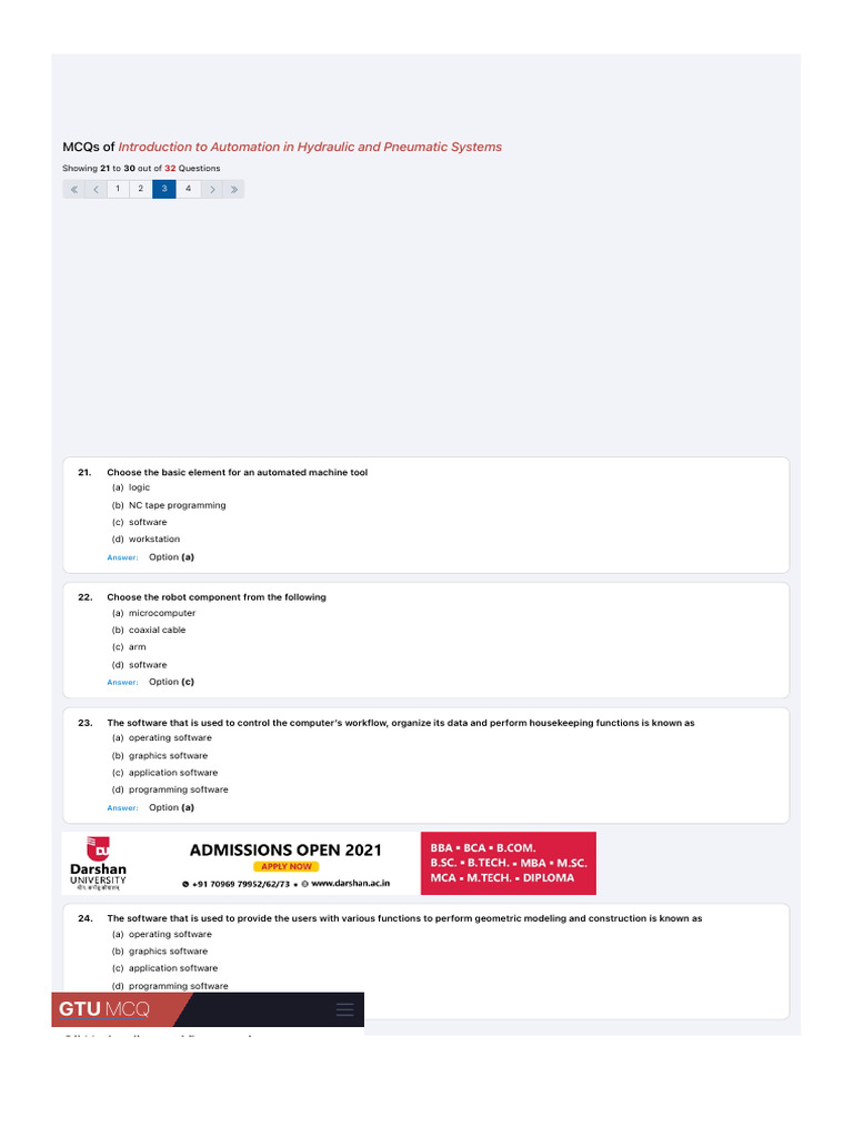 MCQs of Introduction To Automation in Hydraulic and Pneumatic Systems ...